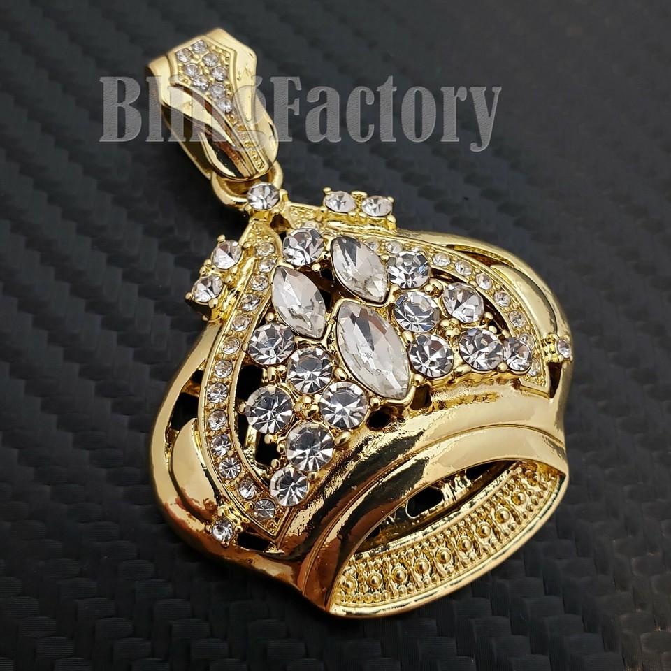 HIP HOP ICED GOLD PLATED CRYSTAL POPE CROWN CUBIC ZIRCONIA BLING CHARM ...