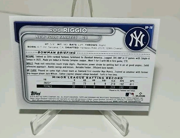 🔥2024 Bowman Chrome Roc Riggio New York Yankees Purple paper #/250 | eBay