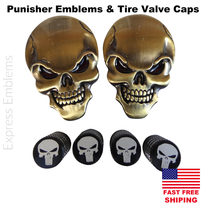 2x 3D Metal Skull Sticker Emblem + Skull Tire Cap Valves (Bundle) | eBay