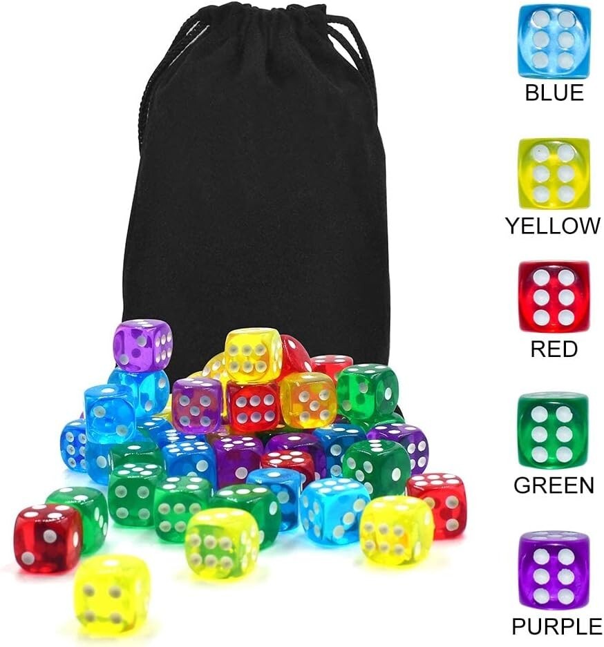 50 of Pack 14MM 6 Sided Dice Set Translucent Colors Dice with Black ...
