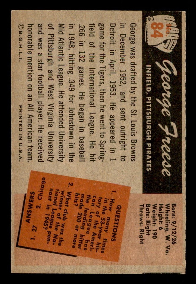 1955 Bowman Baseball #84 George Freese EX/MT *i1 | eBay