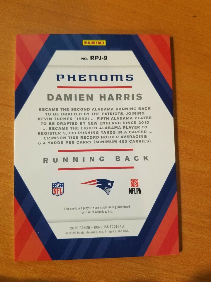 2019 Donruss Rookie Phenoms Jersey Damien Harris Card #RPJ-9 Blue & Red ...