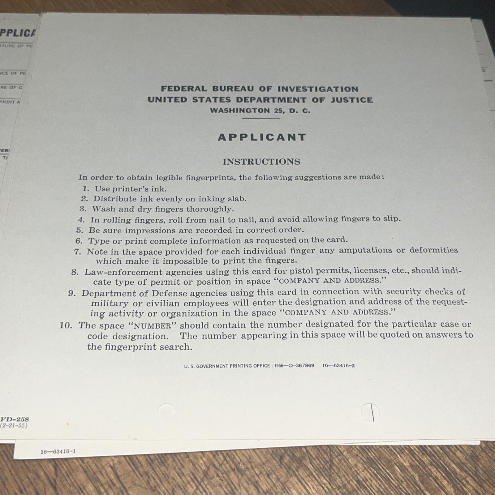 FBI Fingerprint Cards, Form FD-258 - 5 cards unused Vintage 1955 Blank ...