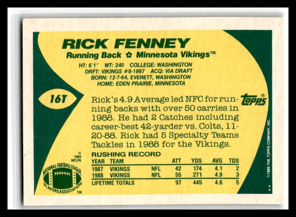 1989 Topps Traded #16T Rick Fenney Minnesota Vikings | eBay