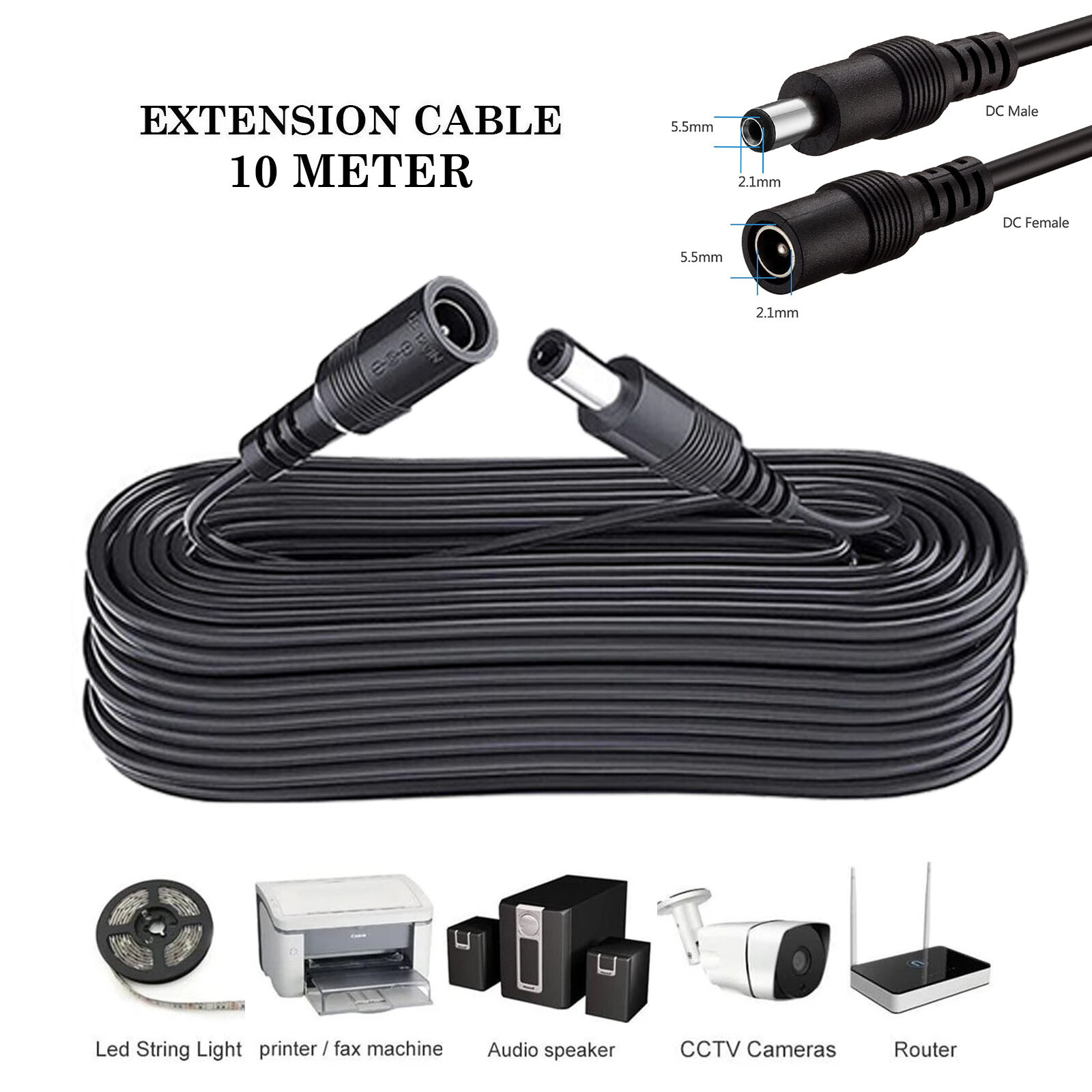 12V 1A,2A,3A DC POWER PLUG EXTENSION CABLE 5.5 x 2.1mm for CCTV LED ...