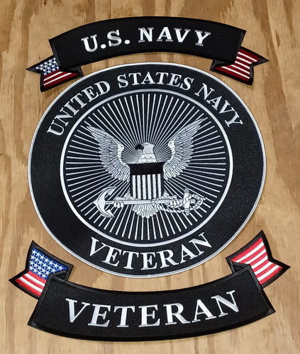 U.S. NAVY TOP / BOTTOM ROCKERS LARGE "VETERAN" 11 INCH BACK PATCH BLK ...