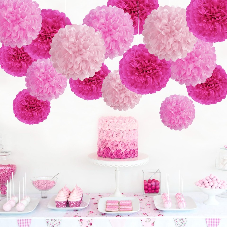Hot Pink Tissue Pom Poms Paper Flowers Hanging Decorations Pink Flower ...