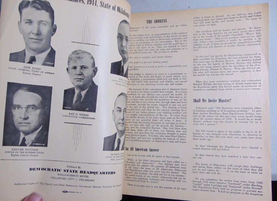 Franklin Roosevelt FDR 1944 Oklahoma Senate brochure paper campaign ...