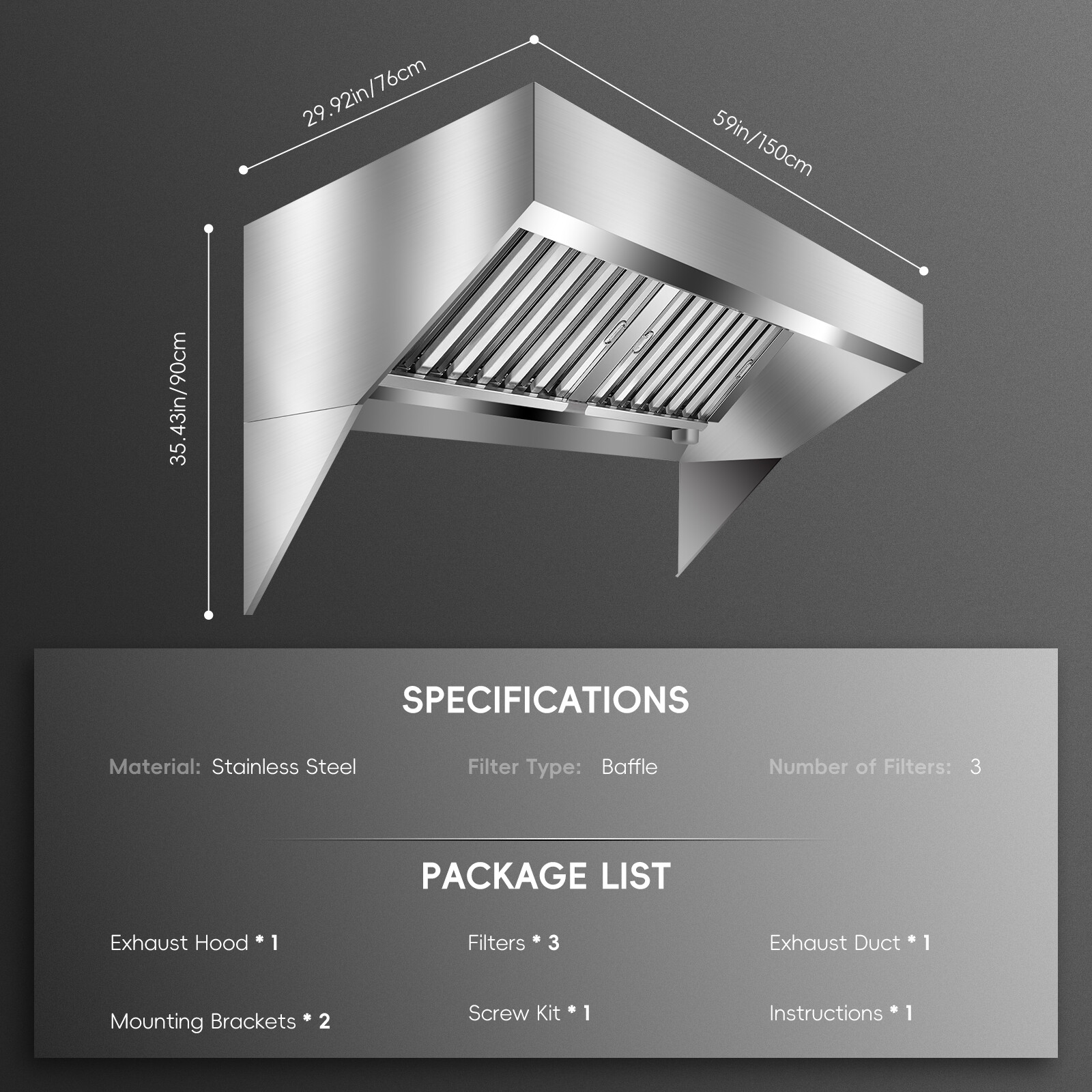 Commercial Kitchen Exhaust Hood Vent Hood W/Detachable U-shaped Oil ...