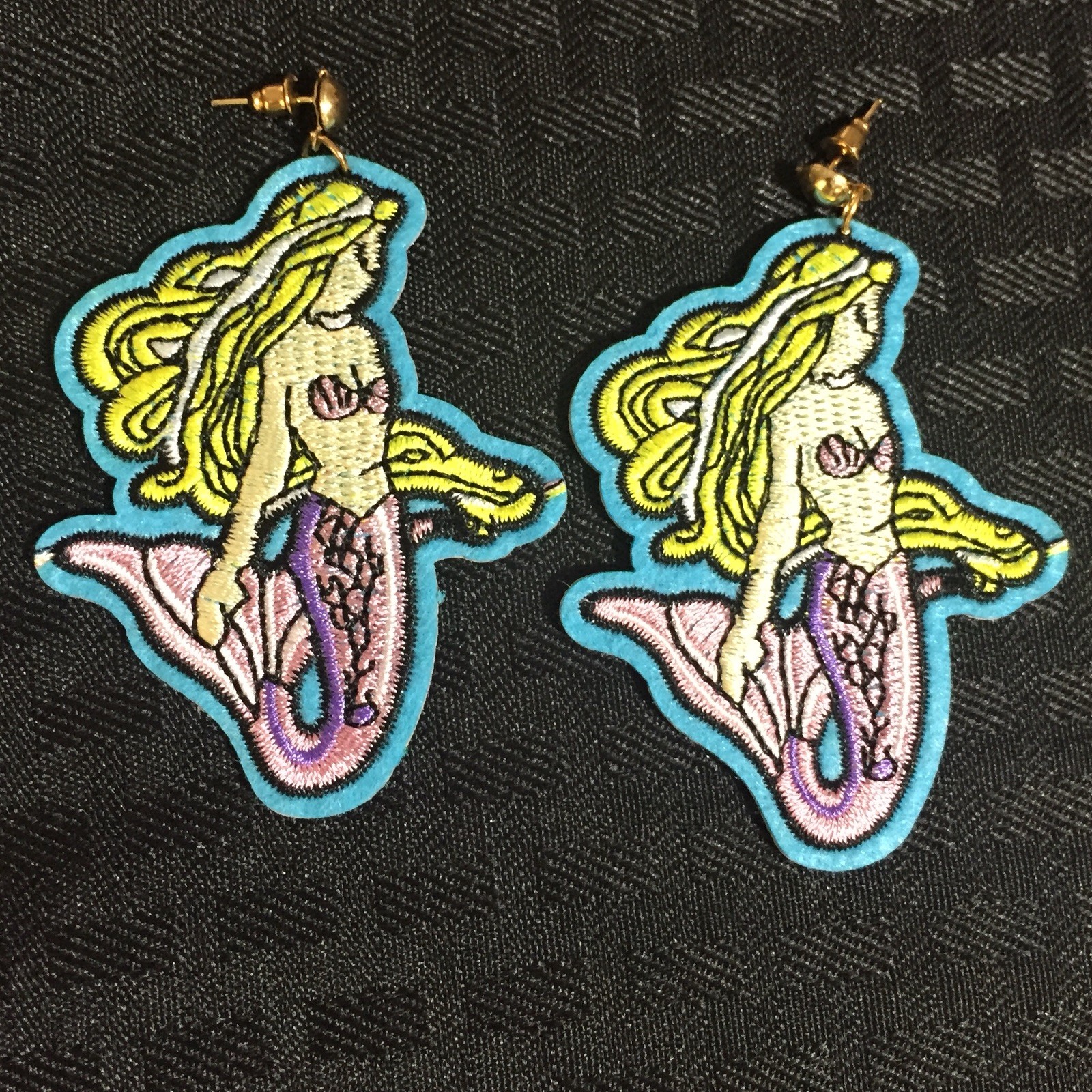 Mermaid Earrings Dangle Embroidered 2.75 in Pierced Gold Tone with ...