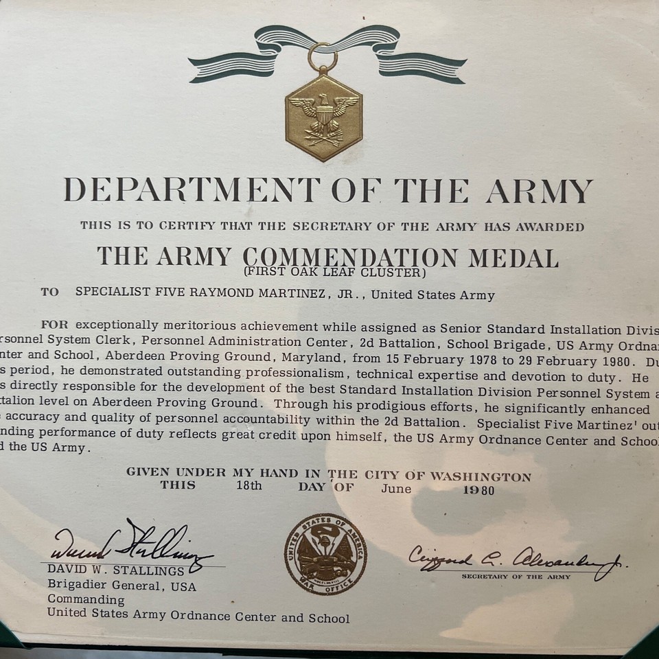 1980 Dept. of U.S. Army Commendation Medal certificate orders Oak Leaf ...