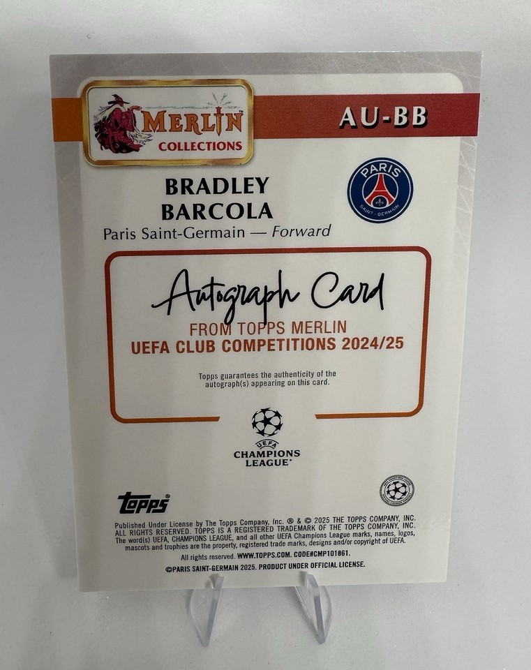 Topps Merlin UEFA Club Competitions Bradley Barcola Auto /125 AU-BB PSG ...