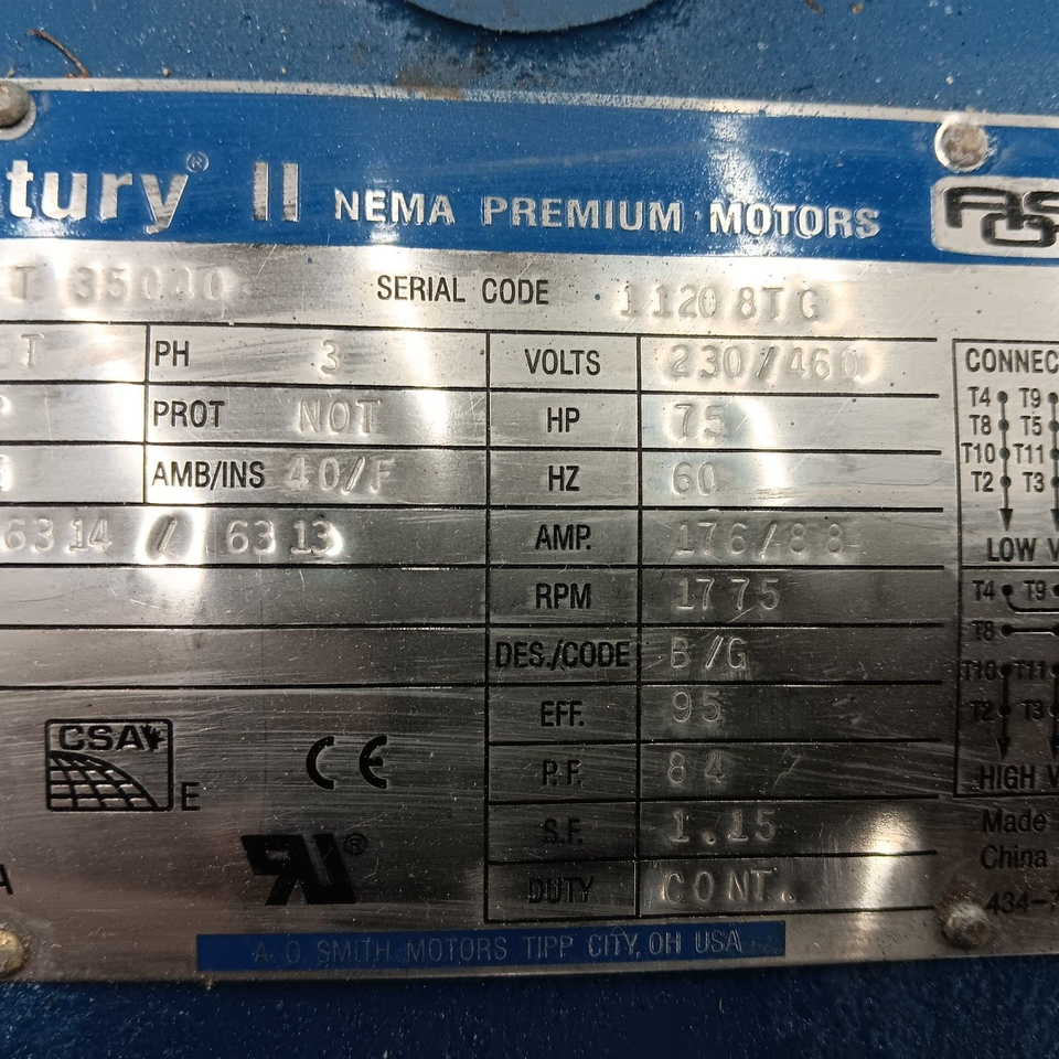NEW A.O SMITH 75 HP AC MOTOR 230/460V 3-PHASE 1775 RPM 365T FRAME ODP ...