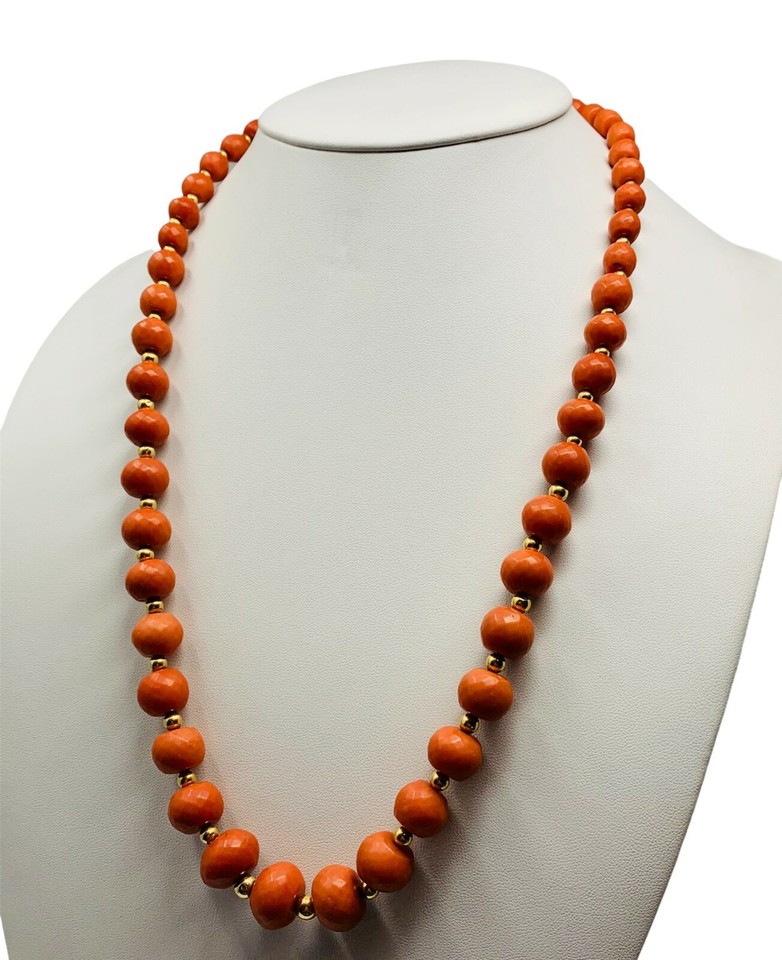 Natural Beaded Coral 18K Yellow Gold Beaded String Large Necklace GIA ...