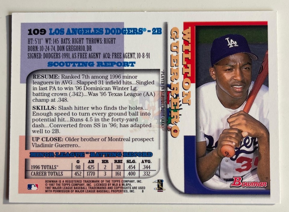 1997 Bowman International #109 Wilton Guerrero Los Angeles Dodgers ...