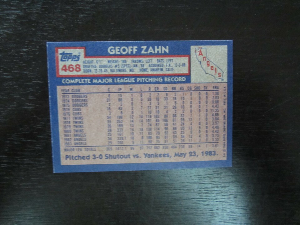 1984 Topps # 468 Geoff Zahn Autograph Signed Card (M) California Angels ...
