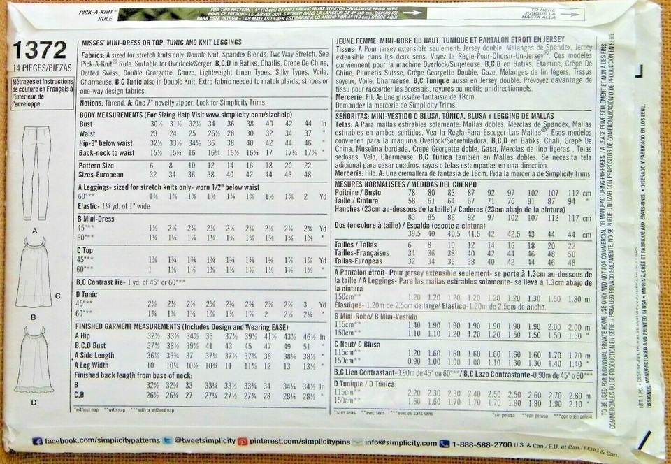 SIMPLICITY PATTERN 1372 MINI DRESS TOP TUNIC LEGGINGS SIZES 6 8 10 12 ...