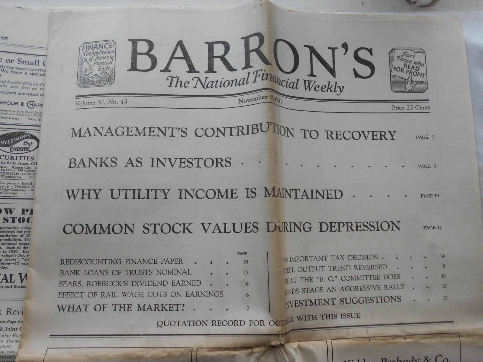 1931 NOV 9 BARRON'S FINANICIAL Newspaper/ DEPTH of THE GREAT DEPRESSION ...