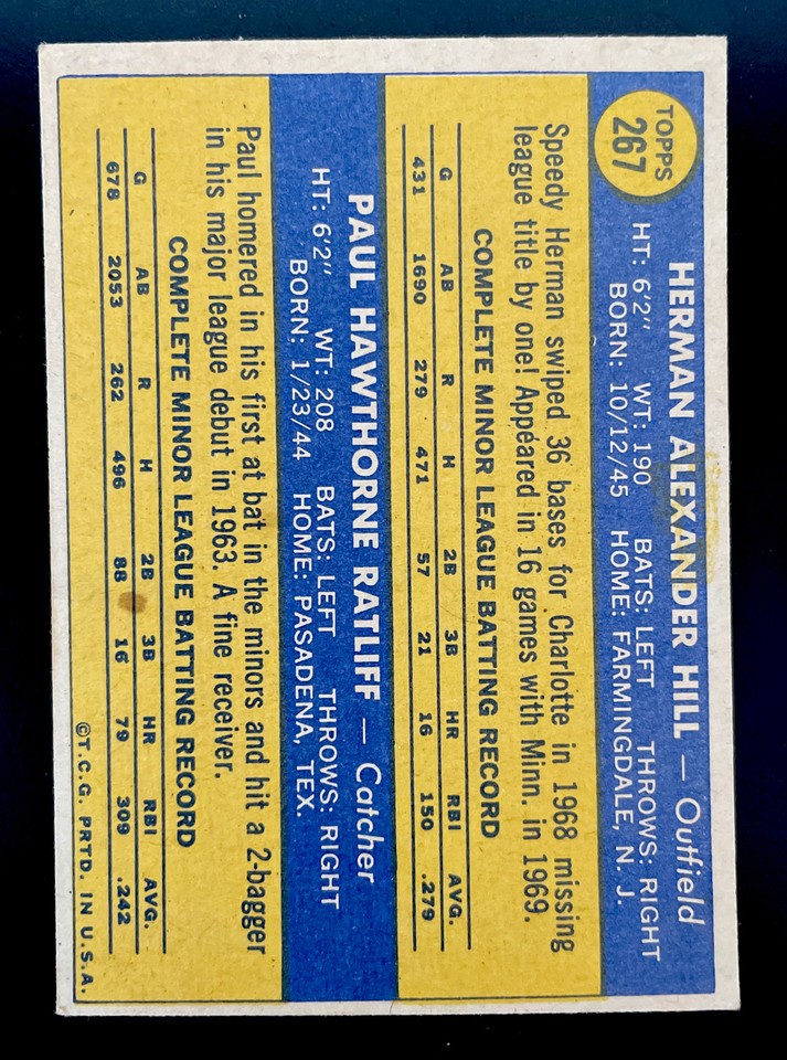 1970 Topps Baseball Twins Rookie Stars Herman Hill Paul Ratliff Card ...
