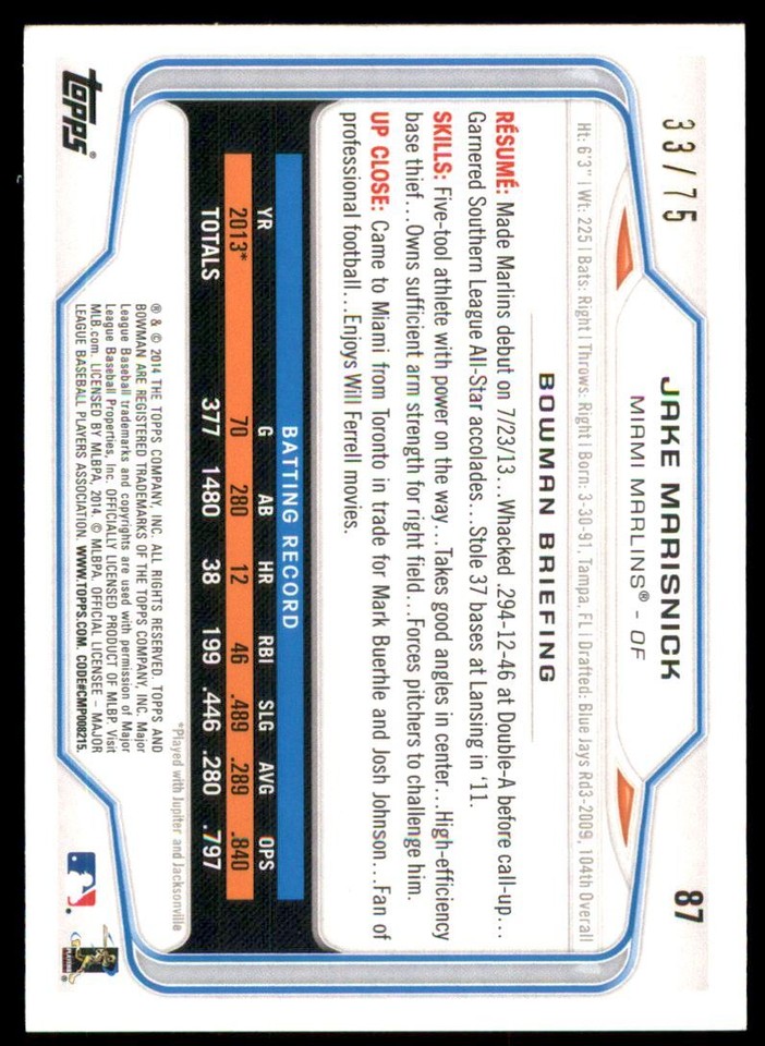 2014 Bowman Silver #87 Jake Marisnick /75 | eBay