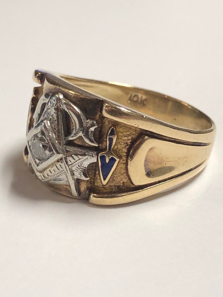 Vintage Masonic Ring 10K w/ Diamond & Blue Enamel sz 12 Yellow Gold ...