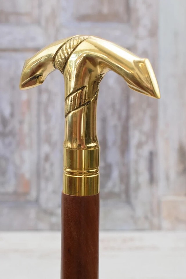 Vintage Solid Brass Anchor Handle Walking Cane Nautical Wooden Stick ...