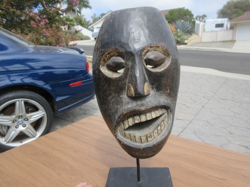 African Wood Mask w/ stand Carved face Talking whimsical grotesque ...