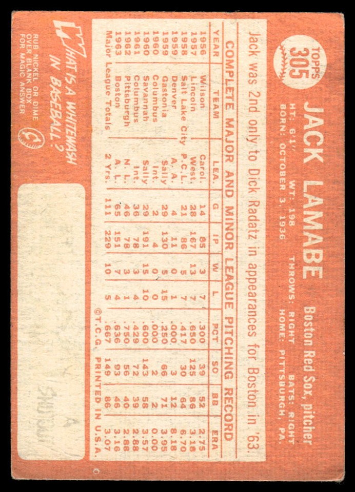 1964 Topps Jack Lamabe #305 Boston Red Sox Baseball Card | eBay