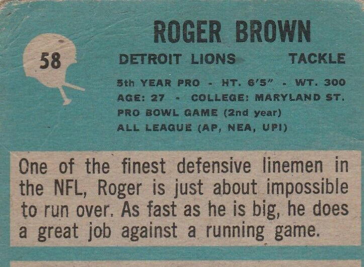 1964 Philadelphia Football #58 ROGER BROWN Detroit Lions Nyack Redhawks ...