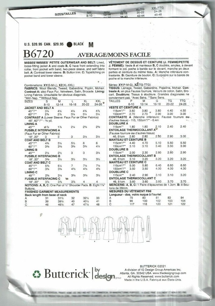 Butterick #B6720 Jacket or Coat Pattern Size: Sm-Lg or Xlg-Xxl UC | eBay