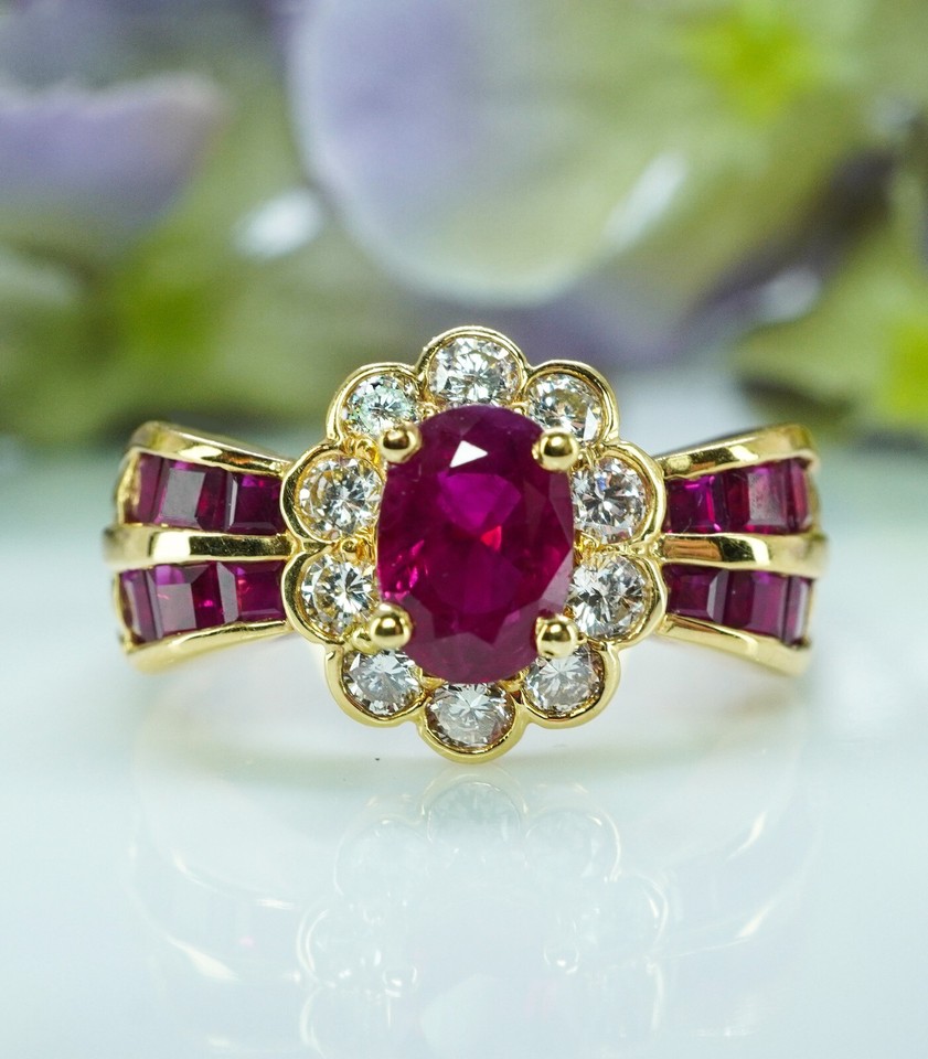 Vintage 18K Gold Burma Ruby Halo Diamond Ring Designer Signed M | eBay
