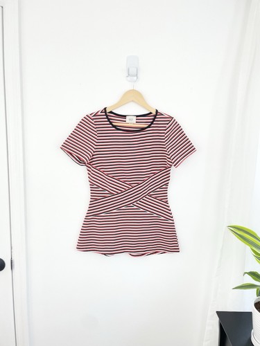 Eci M Red Black Striped Short Sleeve Peplum Shirt Blouse Women’s Medium ...