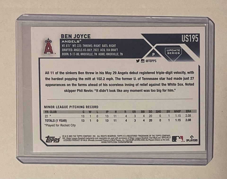 2023 Topps Update Series Ben Joyce Rookie Card #US195 (RC) Los Angeles ...