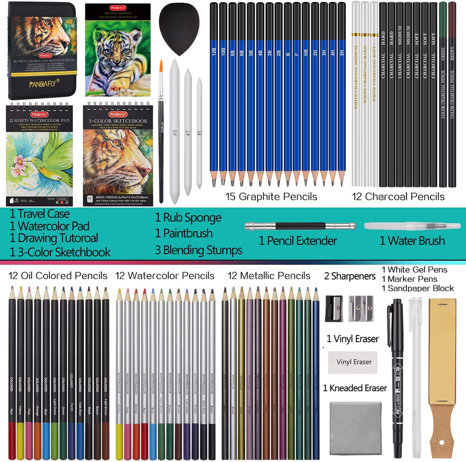 80 Pack Drawing Set Sketching Kit, Pro Art Supplies with 3-Color ...