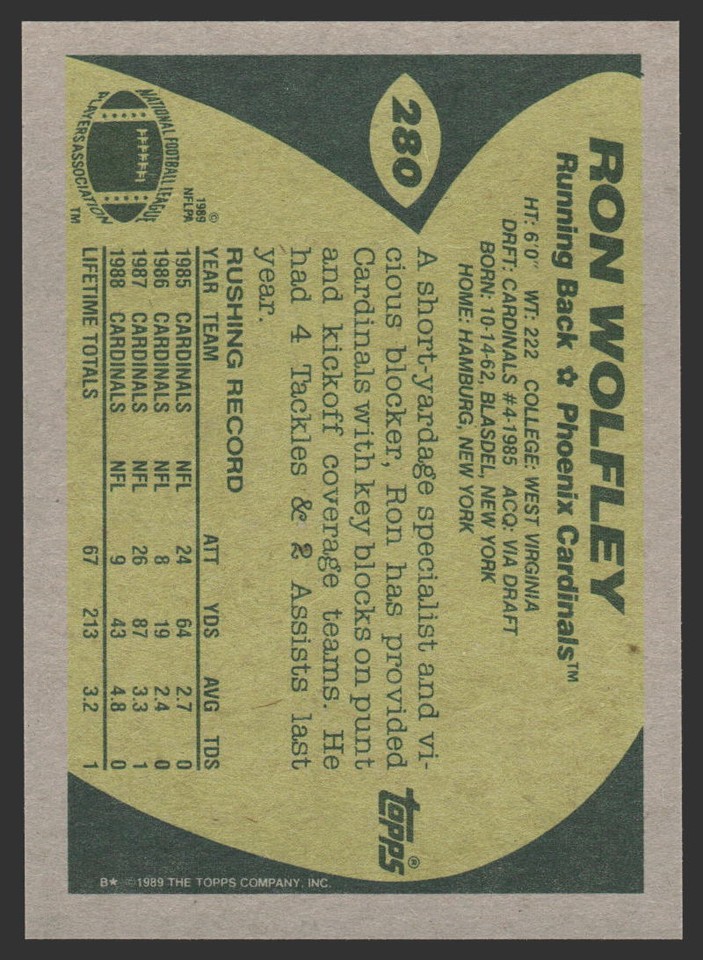 Ron Wolfley #280 1989 Topps Phoenix Cardinals | eBay