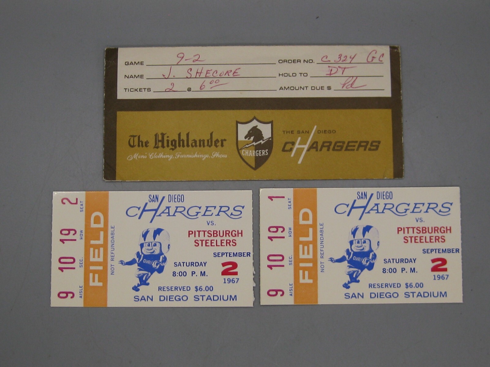 2 Vtg 1967 San Diego Chargers Vs. Pittsburg Steelers AFL Ticket Stubs w ...