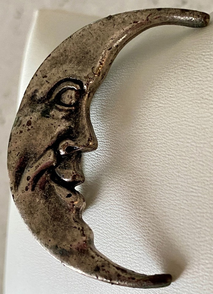 Vintage Crescent Moon Pin Brooch Man On The Moon Silver Tone Half Moon ...