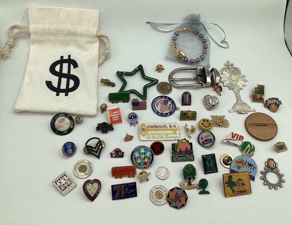 Junk Drawer Lot Pins, Gadgets, Coins, Christian Symbols, Belt Buckle ...