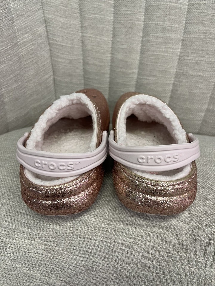 Crocs Pink Glitter Size Junior J4 Shoes Classic Clog Lined Fuzzy | eBay