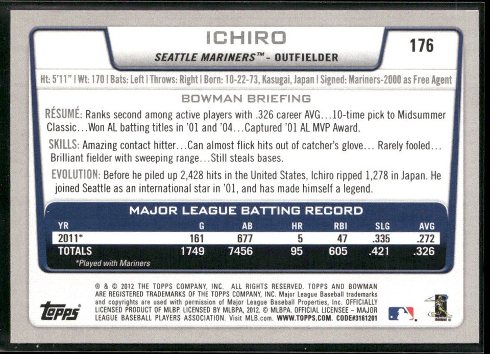 Ichiro Suzuki 2012 Bowman Gold #176 - Seattle Mariners | eBay