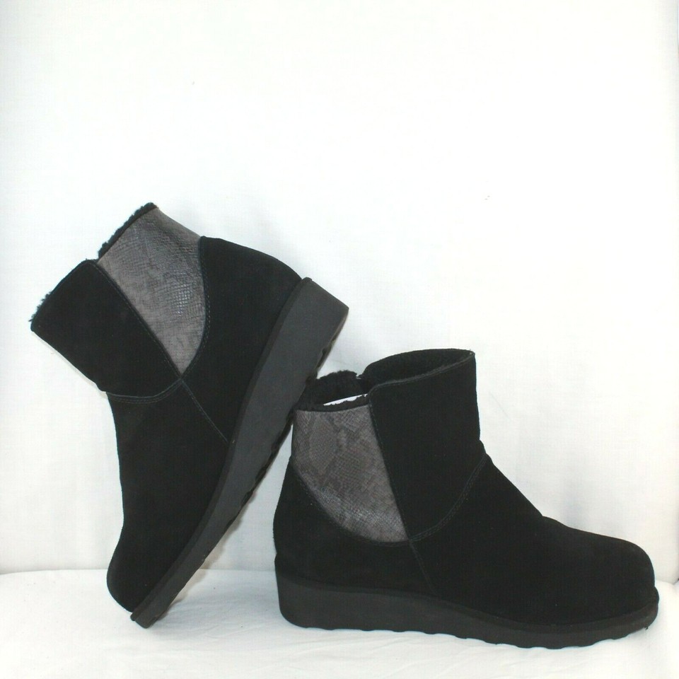 BEARPAW women's zip up low heel black suede snake MEGAN II snow booties ...