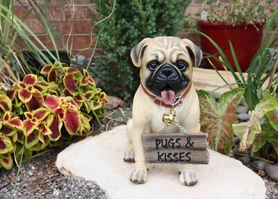Welcoming Fawn Pug Garden Statue with Sign Pugs and Kisses | eBay