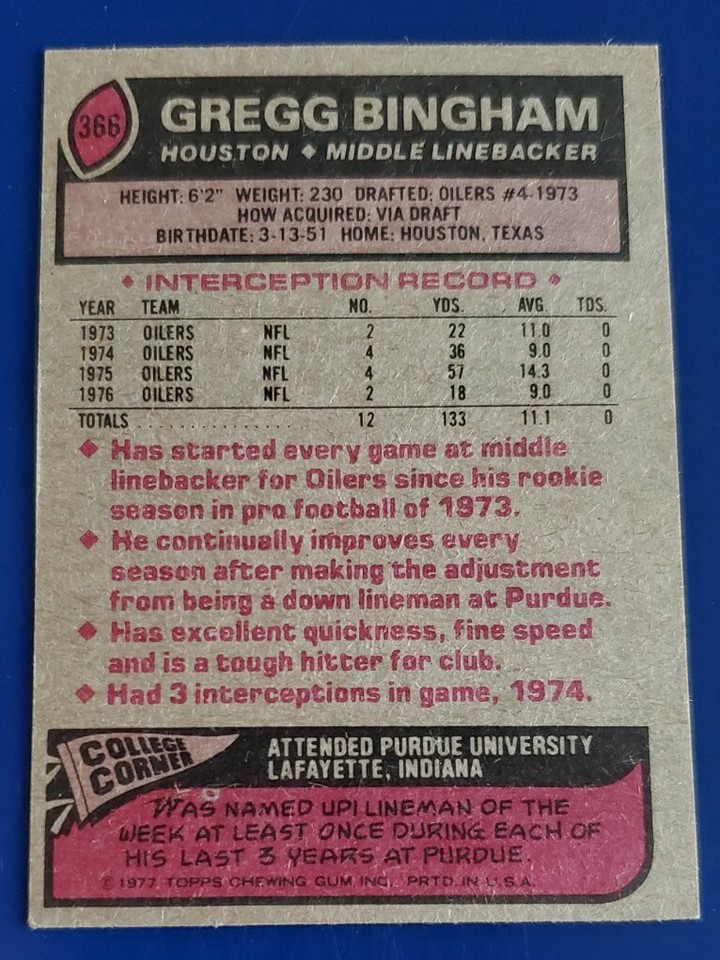 1977 Topps Gregg Bingham Houston Oilers #366 | eBay