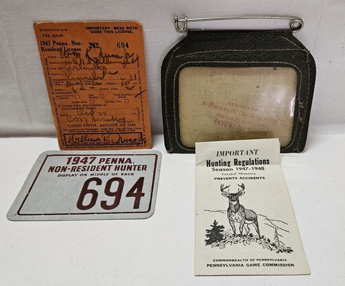 Vintage 1947 Pennsylvania Non-Resident Hunter Hunting License w/ Holder ...