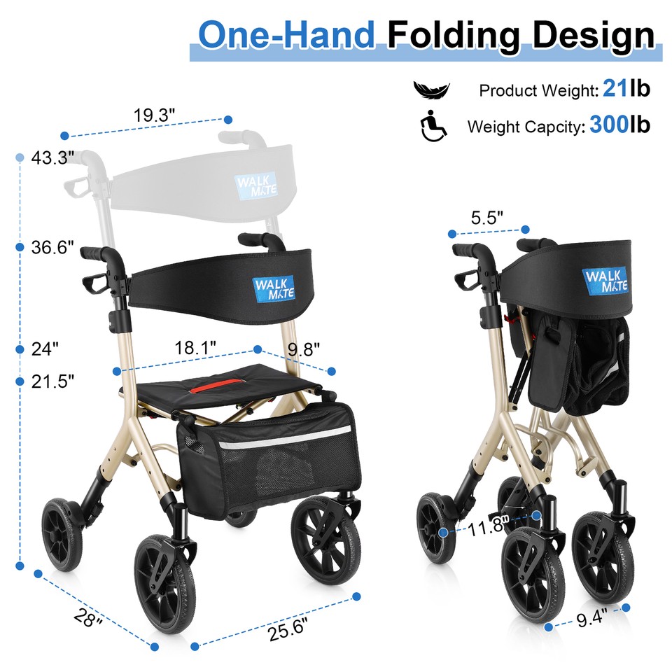 Walk Mate Rollator Pro Walker for Seniors Taller 5~7ft W/ Height ...