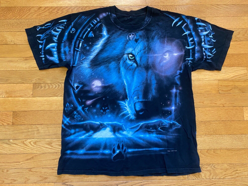 VTG Mens AOP Liquid Blue T Shirt Graphics Black Wolf Tribal Native 2001 ...
