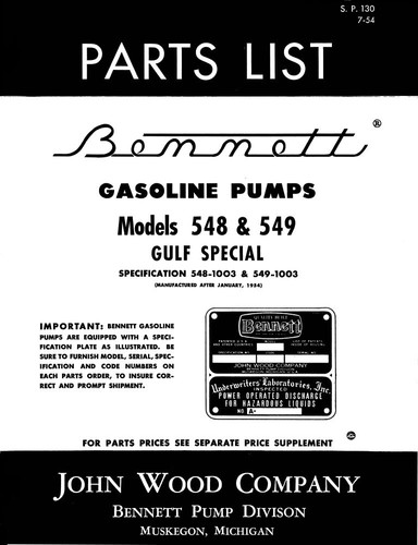 Bennett Model 548 549 Gulf Special Gasoline Pump illustrated Factory ...