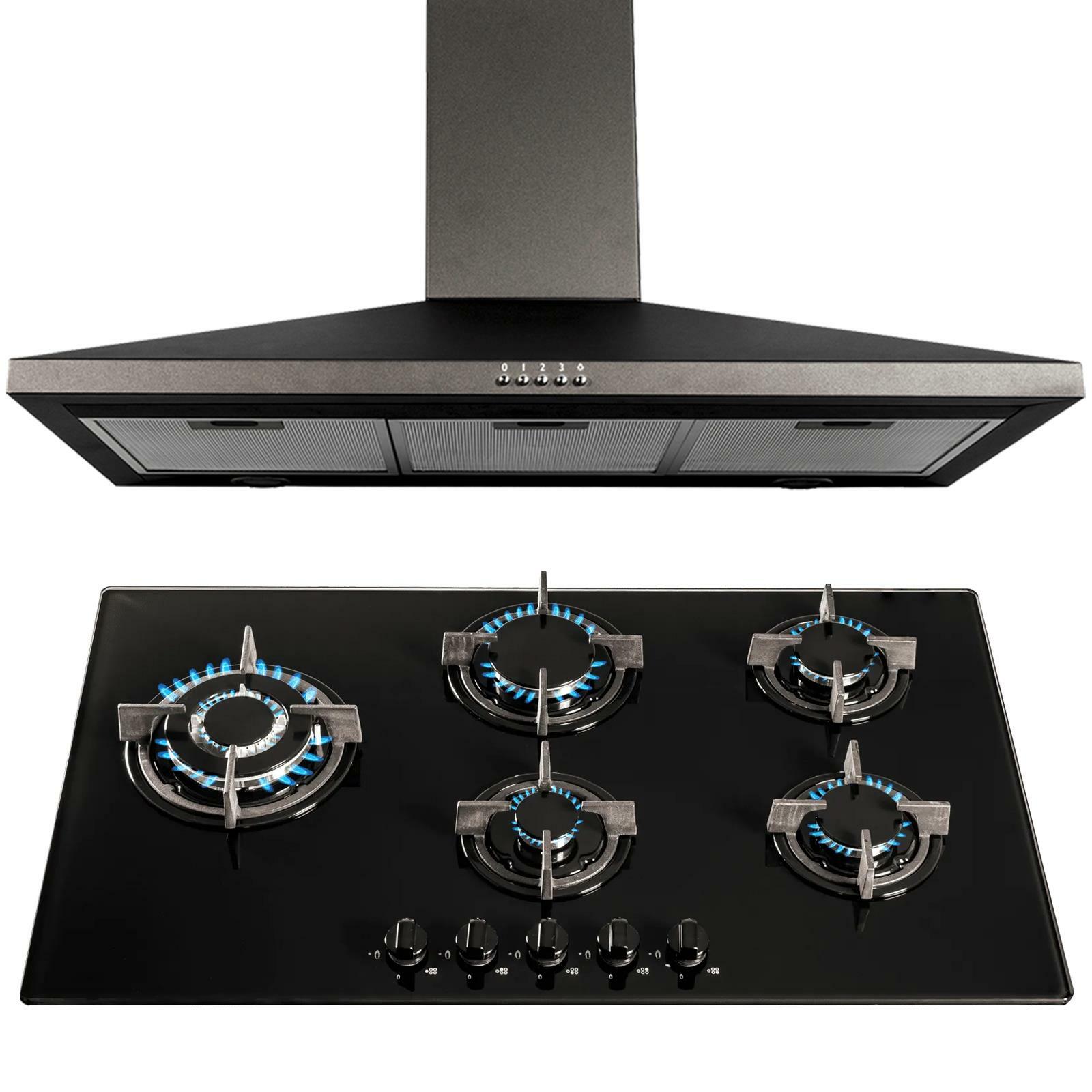 SIA Black 90cm 5 Burner Gas On Glass Hob And Chimney Cooker Hood ...