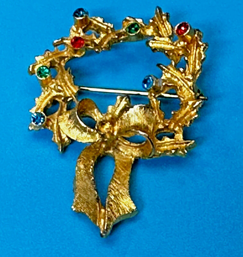 Christmas Wreath Ribbon W/ Colorful Rhinestone Holiday Brooch Pin ...