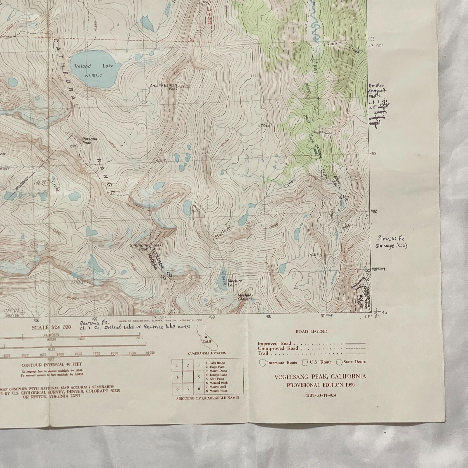 Vintage USGS Topographic Map Topo - Vogelsang Peak - 1990 - California ...